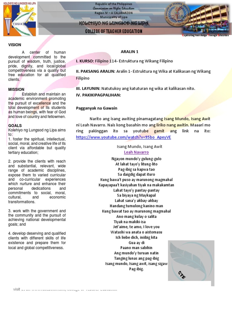 Aralin 1 I. KURSO: Filipino 114-Estruktura NG Wikang Filipino II. PAKSANG ARALIN: Aralin 1 ...