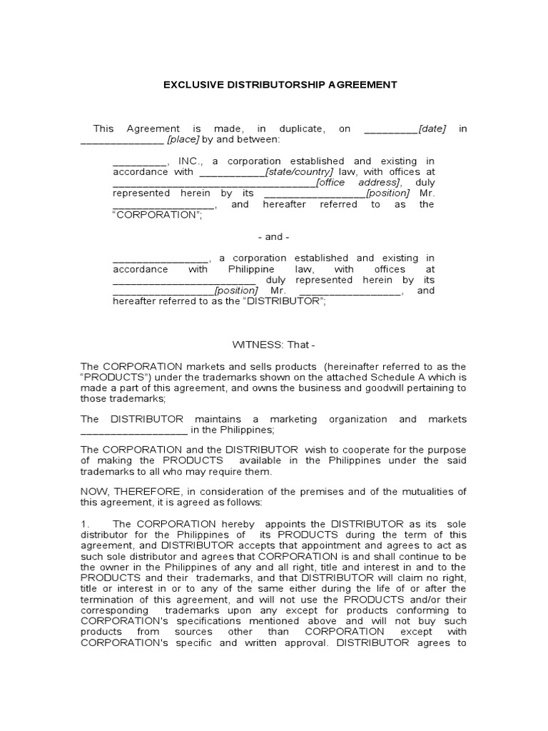 Exclusive Distributorship Agreement of Products | PDF | Corporations ...