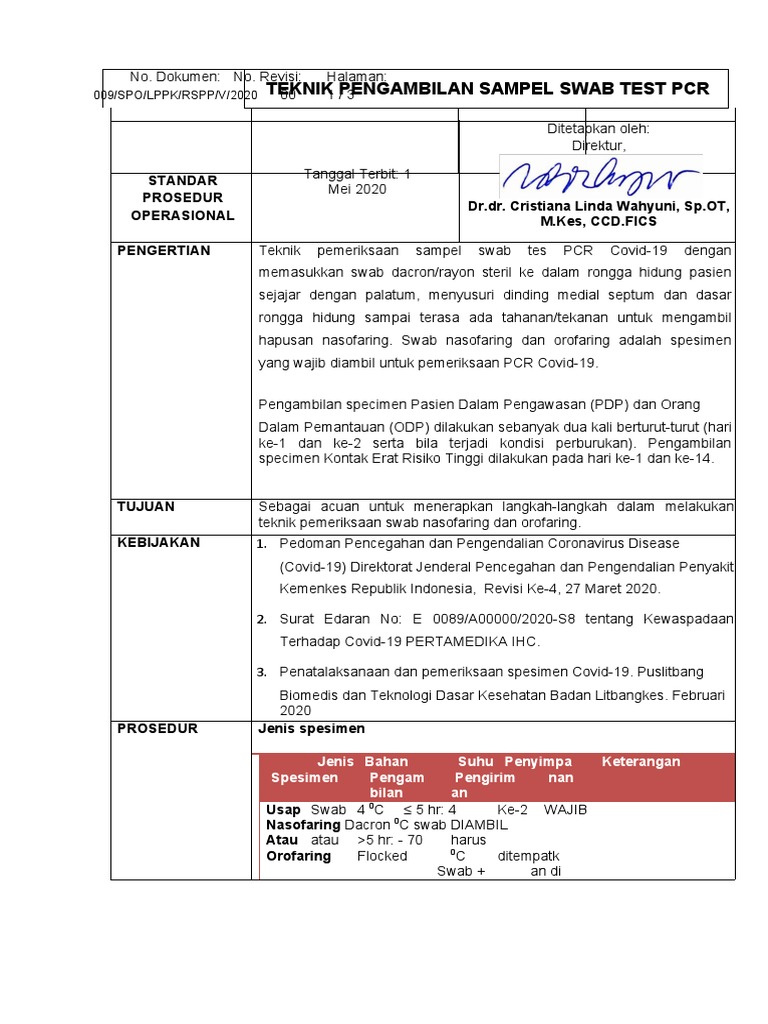 Sop Teknik Pengambilan Sampel Swab PCR | PDF | Kesehatan Holistik ...