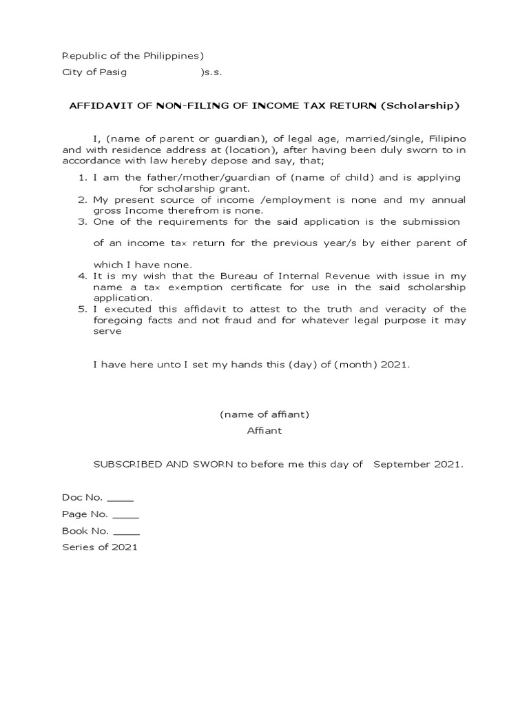 Affidavit of Non-Filing of Income Tax Return (Scholarship) | PDF