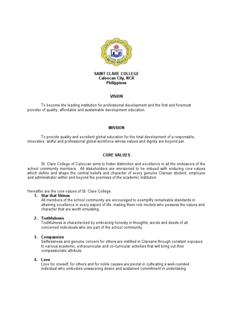 Saint Clare College Core Values | PDF | Value (Ethics) | Leadership