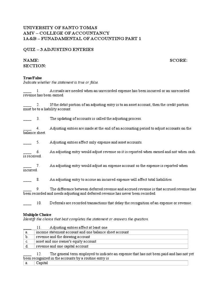 Adjusting Entries Quiz for Accounting | PDF | Deferral | Debits And Credits
