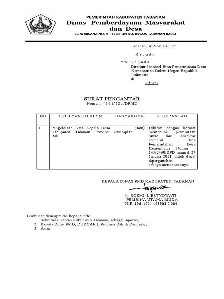 Surat Pengantar Dinas PMD Tabanan | PDF