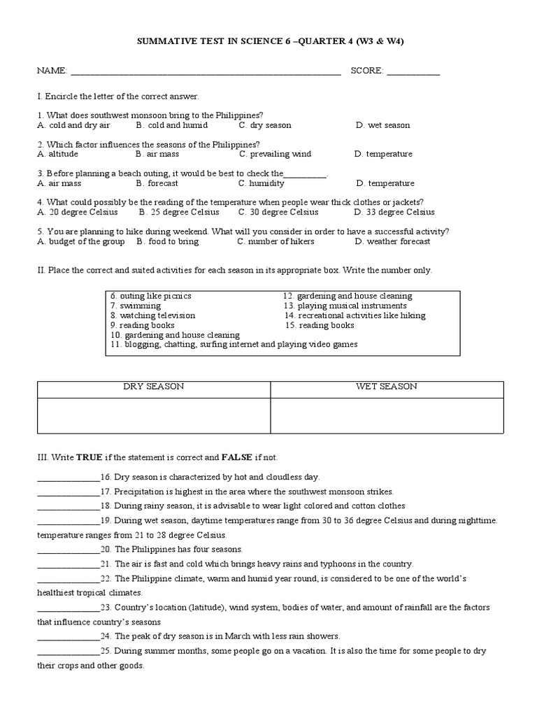 Summative Test in Science 6 w3&4 | PDF | Rain | Nature