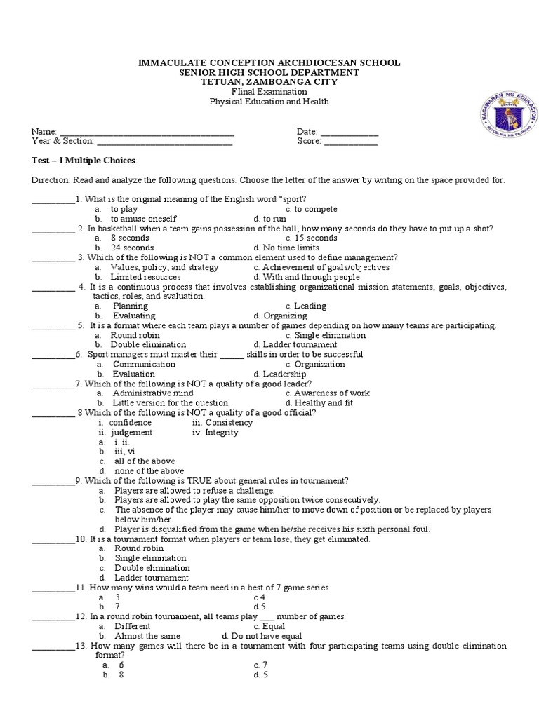 Peh Exam Grade 12 | PDF | Tournament | Sports