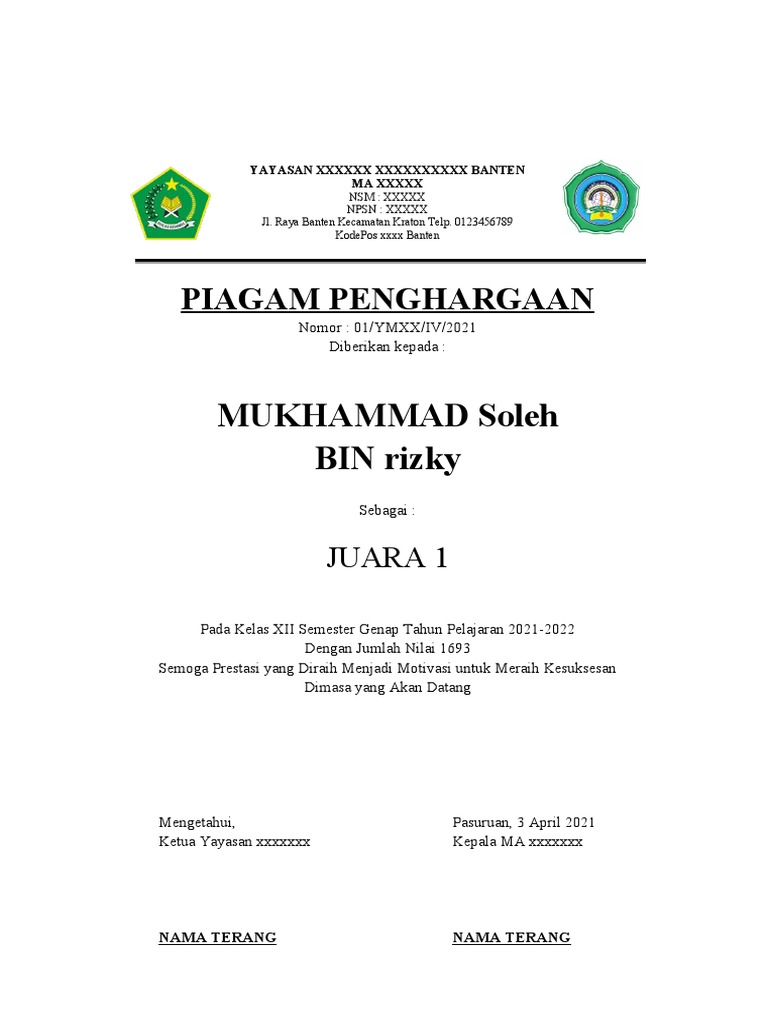 Piagam Penghargaan Juara 1 Kelas XII | PDF