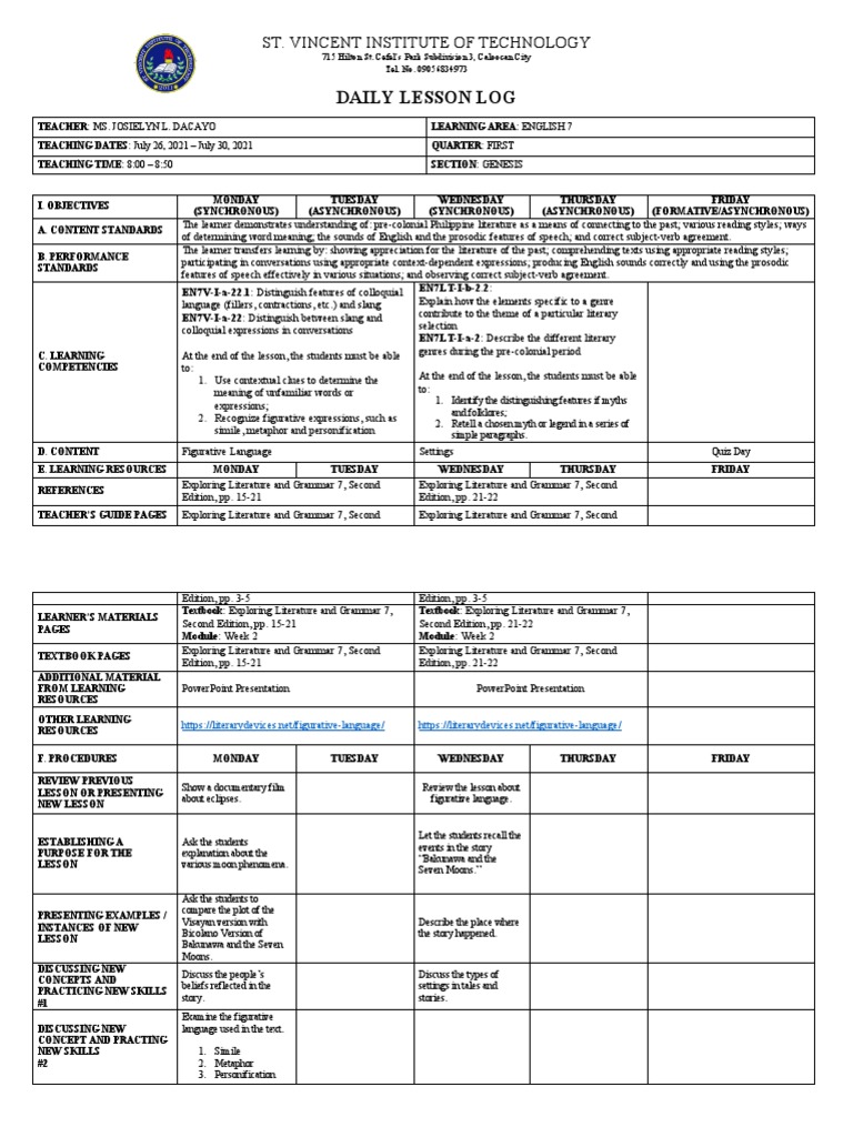 Daily Lesson Log: English 7 Curriculum | PDF | Metaphor | Anthropomorphism
