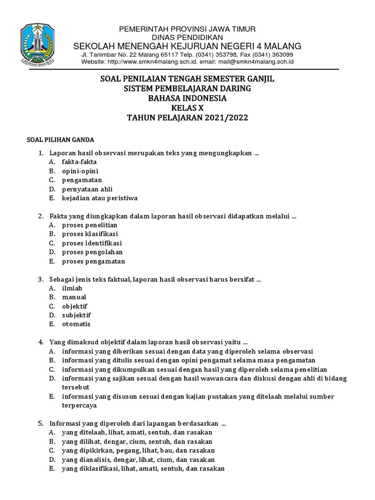 Soal PTS Ganjil X Bind 2021-2022 | PDF