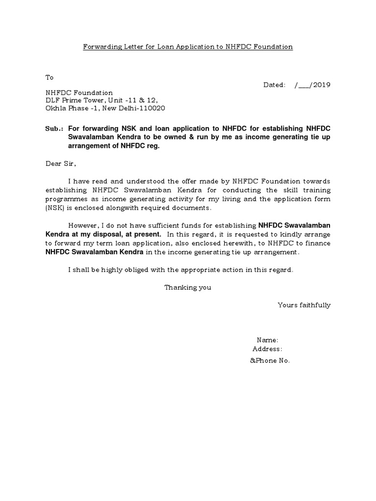 Forwarding Letter For Loan Application To NHFDC Foundation | PDF