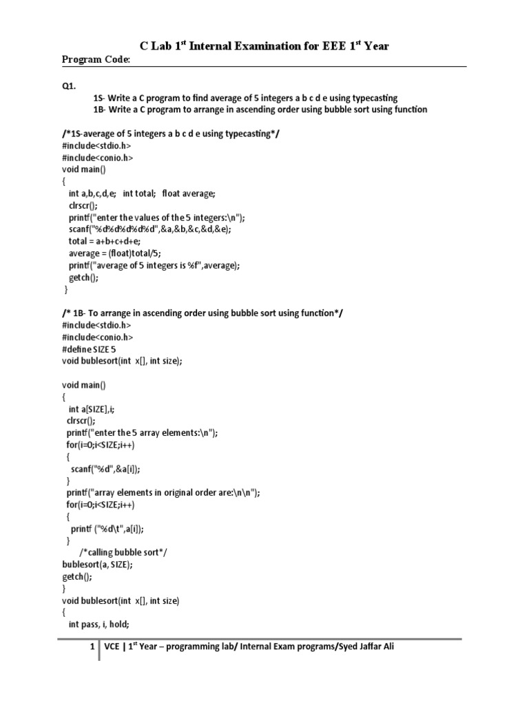 C Programming Lab Exam Solutions EEE 1st Year | PDF | Pointer (Computer ...