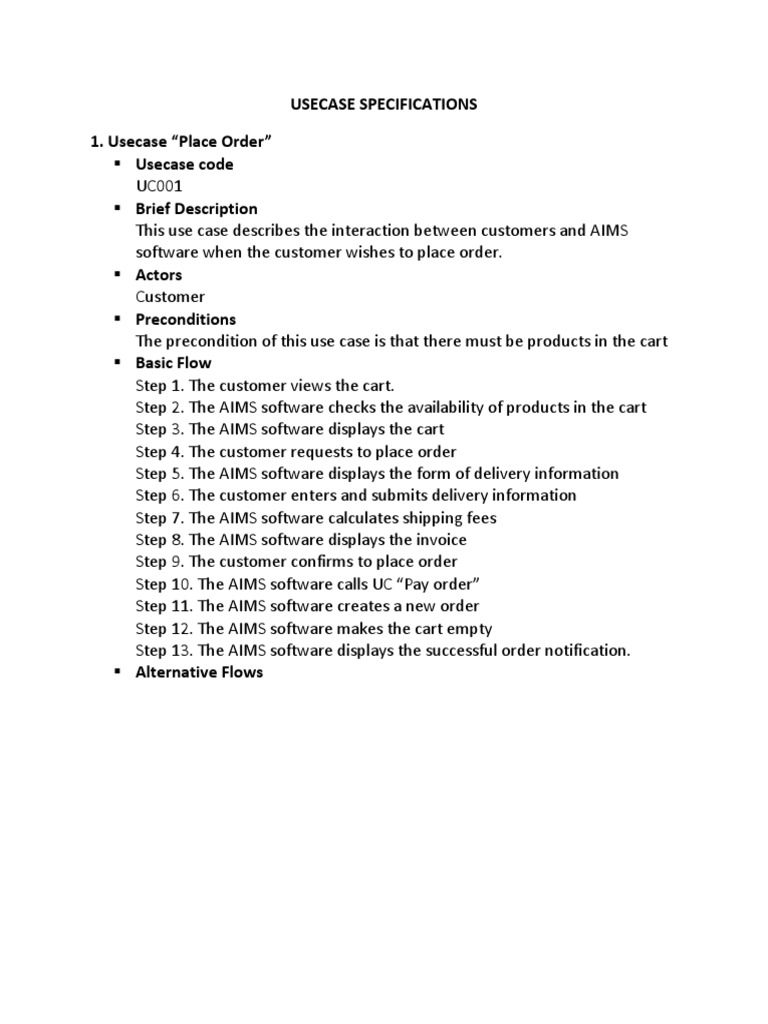 Usecase Specifications 1. Usecase "Place Order" | PDF | Use Case | Software