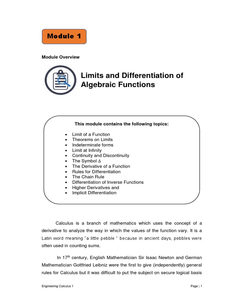 Limits and Differentiation of Algebraic Functions: Module Overview | PDF | Derivative | Calculus