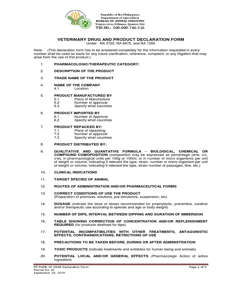RF FVDB-19 Veterinary Drug and Product Declaration Form | PDF | Dose ...