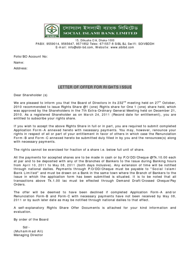 Rights Issue Offer for Shareholders | PDF | Business | Finance & Money ...