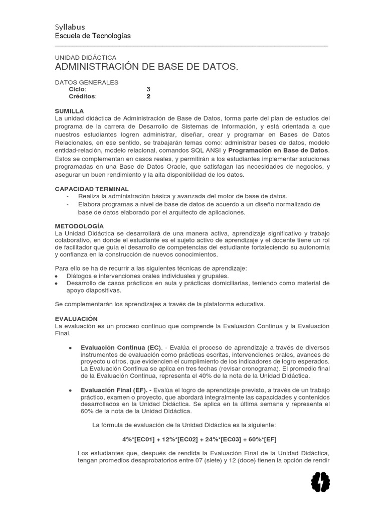 Sílabo Idat Administracion de Base de Datos | PDF | SQL | Pl / Sql