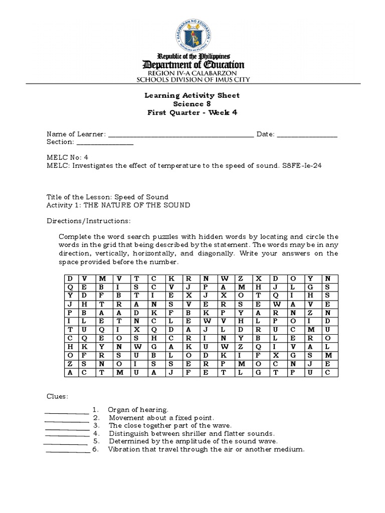 Learning Activity Sheet Science 8 First Quarter - Week 4 | PDF | Sound ...