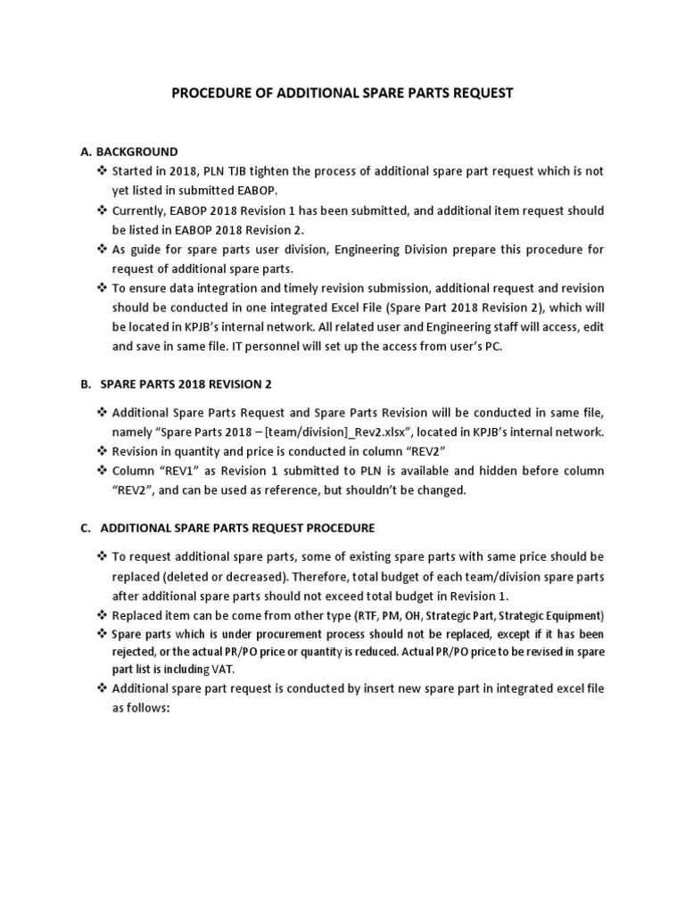 Procedure of Additional Spare Part Request | PDF | Business ...