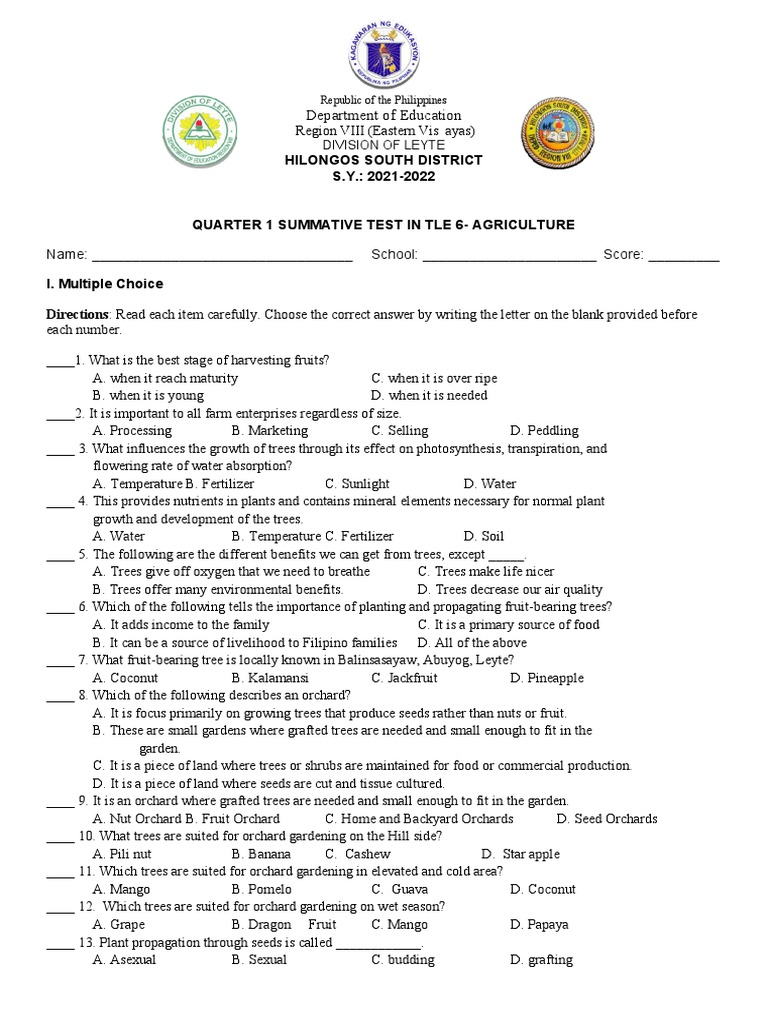 Tle 6-Quarter 1 Summative Test-Agriculture | PDF | Grafting | Trees