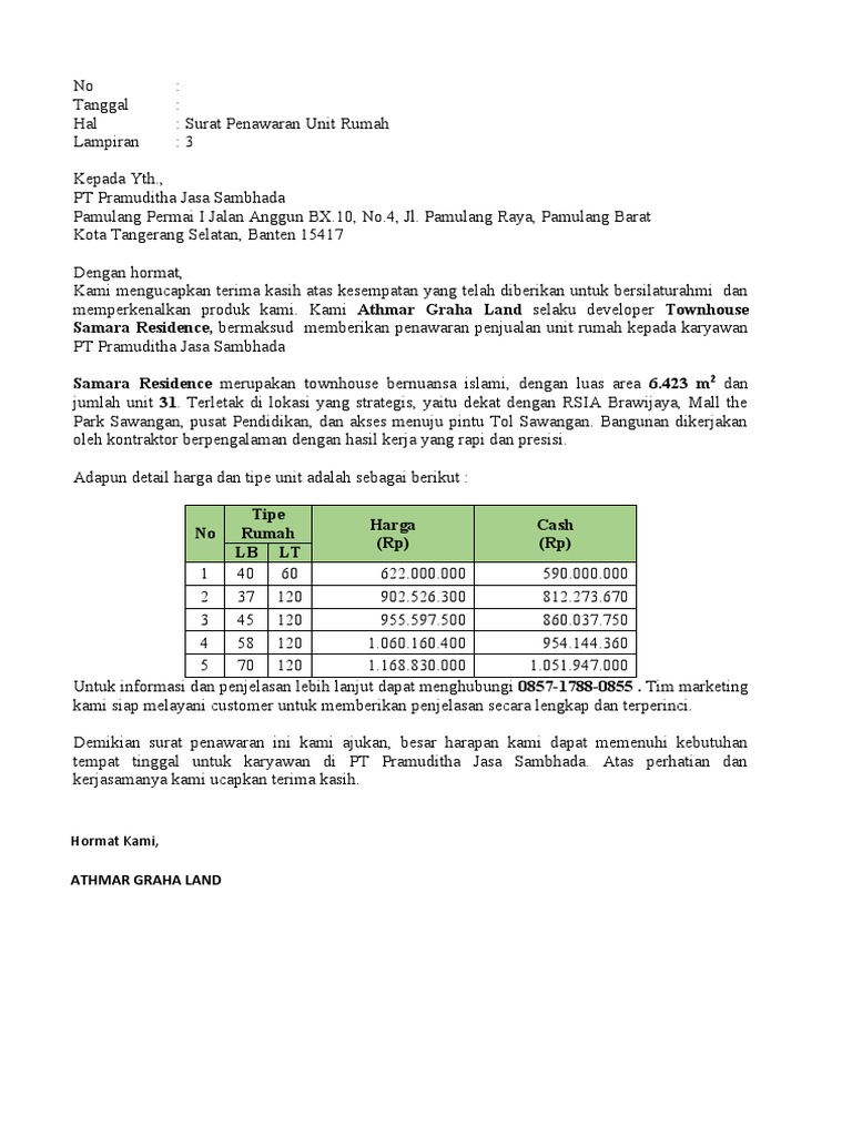 Surat Penawaran Unit Rumah | PDF