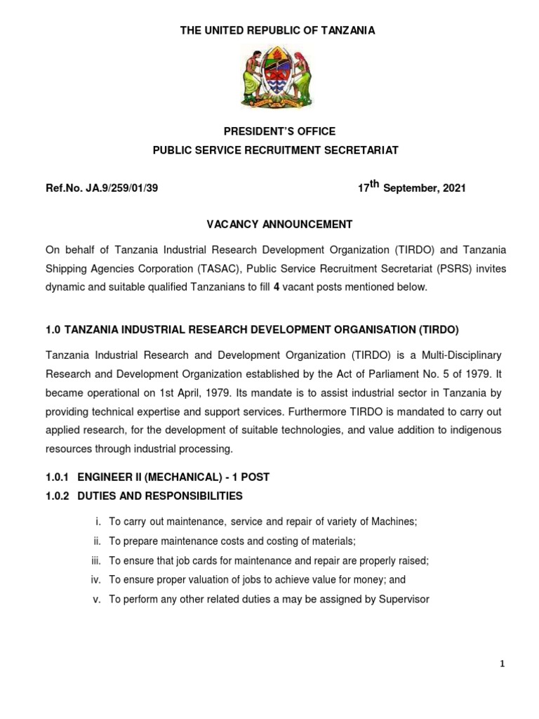 Tangazo La Nafasi Za Kazi Tirdo & Tasac | PDF | Tanzania | Ships