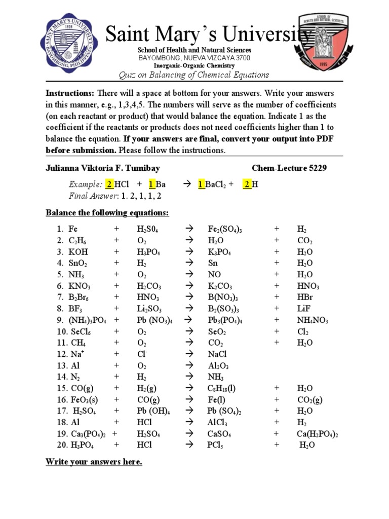 Saint Mary's University: Quiz On Balancing of Chemical Equations | PDF ...
