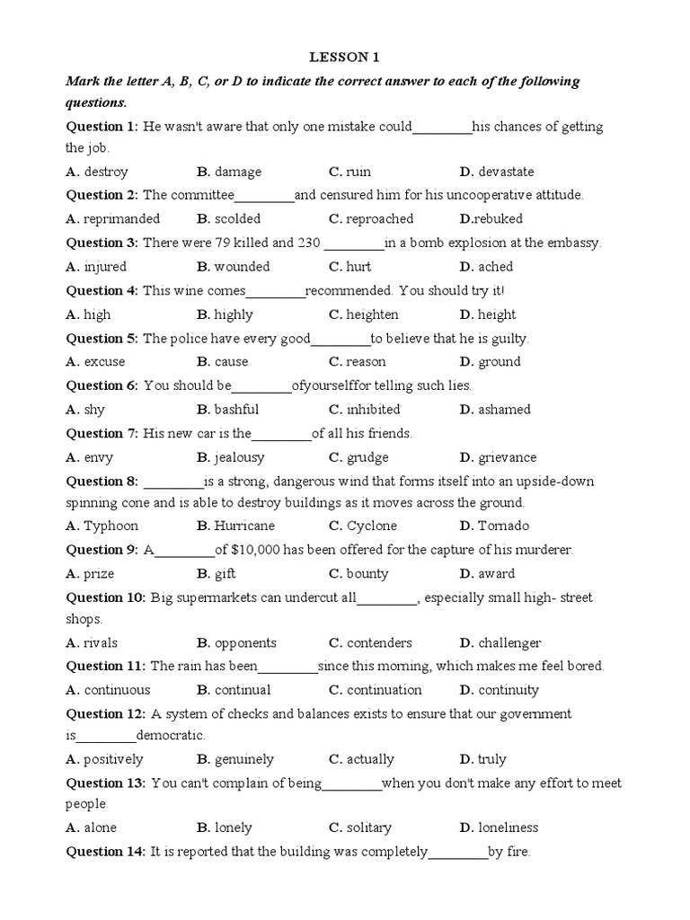 The Job.: Mark The Letter A, B, C, or D To Indicate The Correct Answer To Each of The Following ...