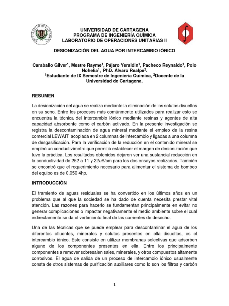 INFORME INTERCAMBIO IONICO - Ejem | PDF | Agua | Intercambio iónico