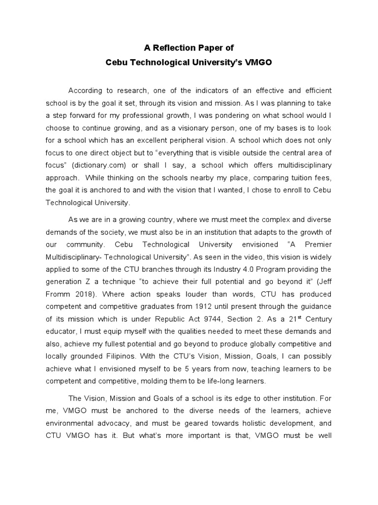 CTU Vision, Mission, and Goals Reflection | PDF | Career & Growth ...
