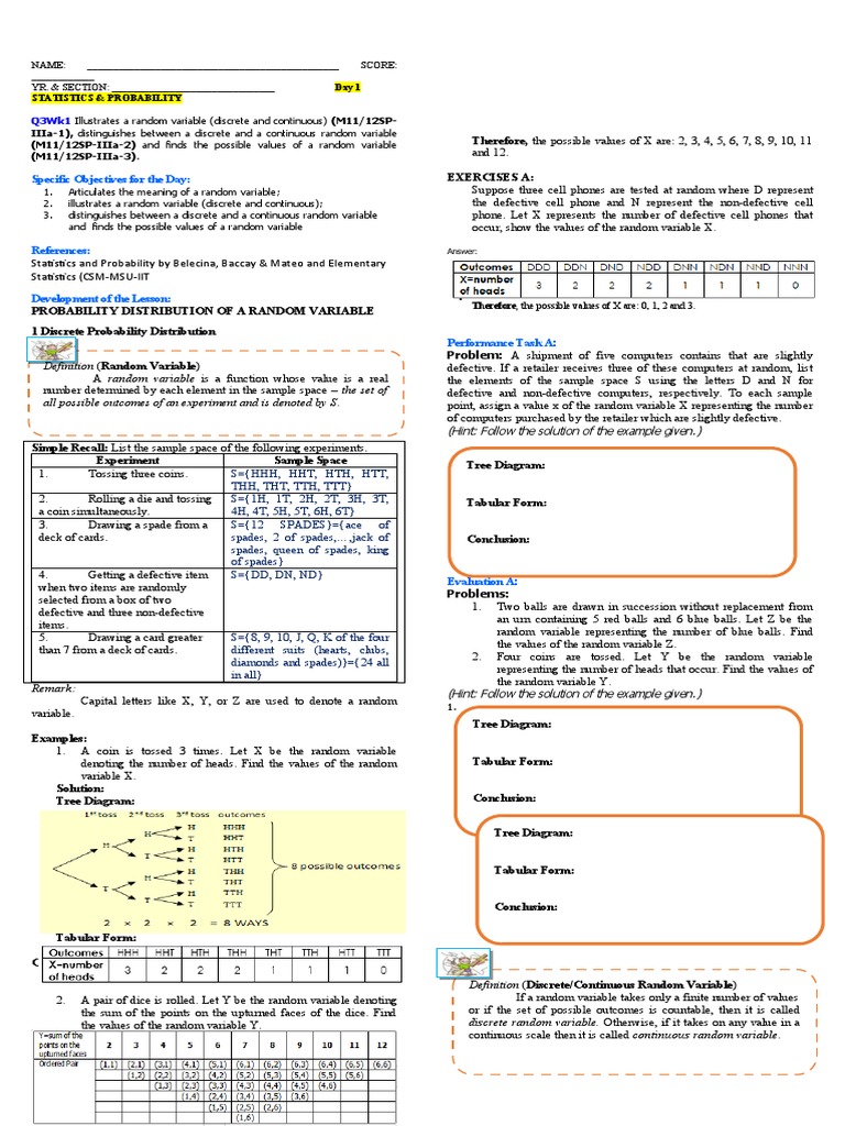 Acas Stat Prob SLA Q3 Week 1 Day 1 | Download Free PDF | Probability Distribution | Random Variable