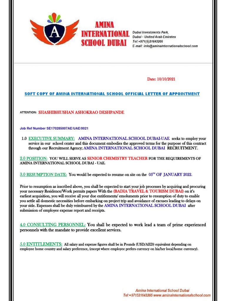 Amina International School Offer Letter Uae | PDF | Employment | Salary