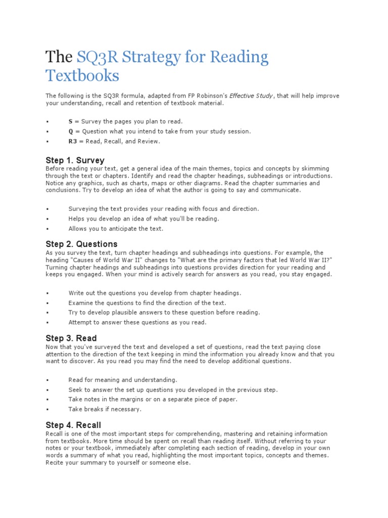 The SQ3R Strategy For Reading Textbooks | PDF | Cognitive Science | Communication