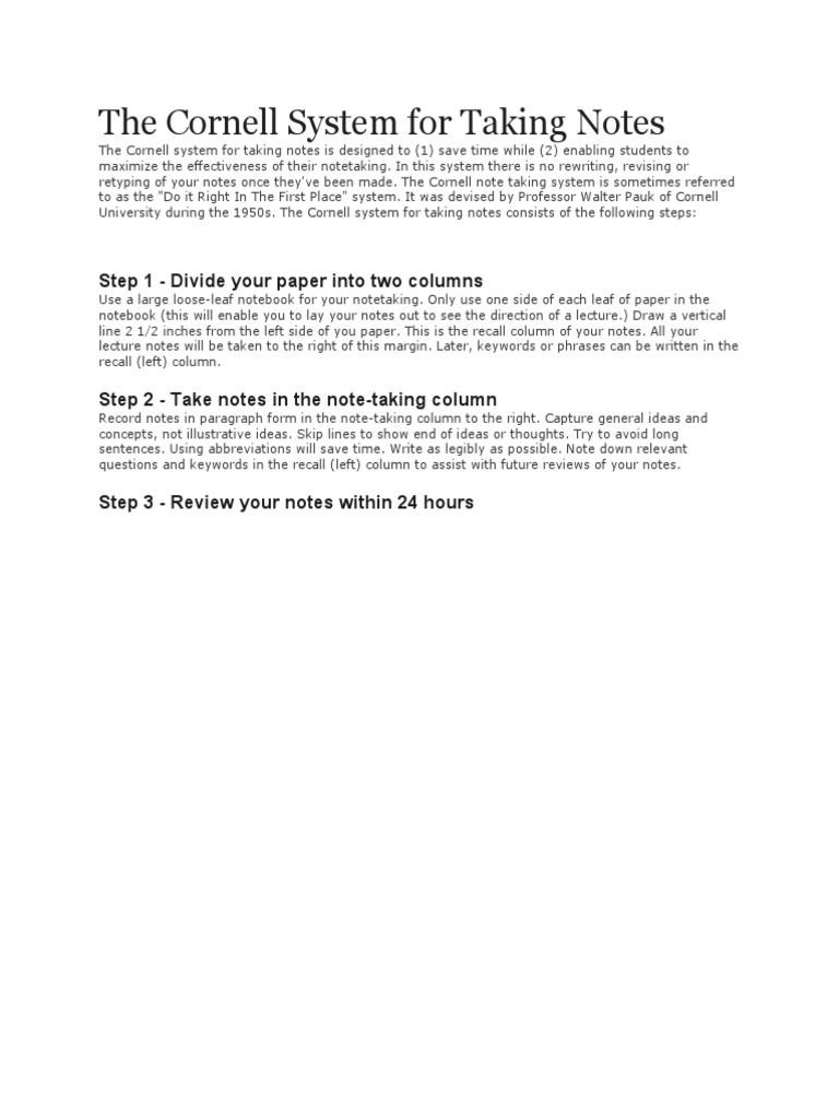 The Cornell System For Taking Notes | PDF | Computers