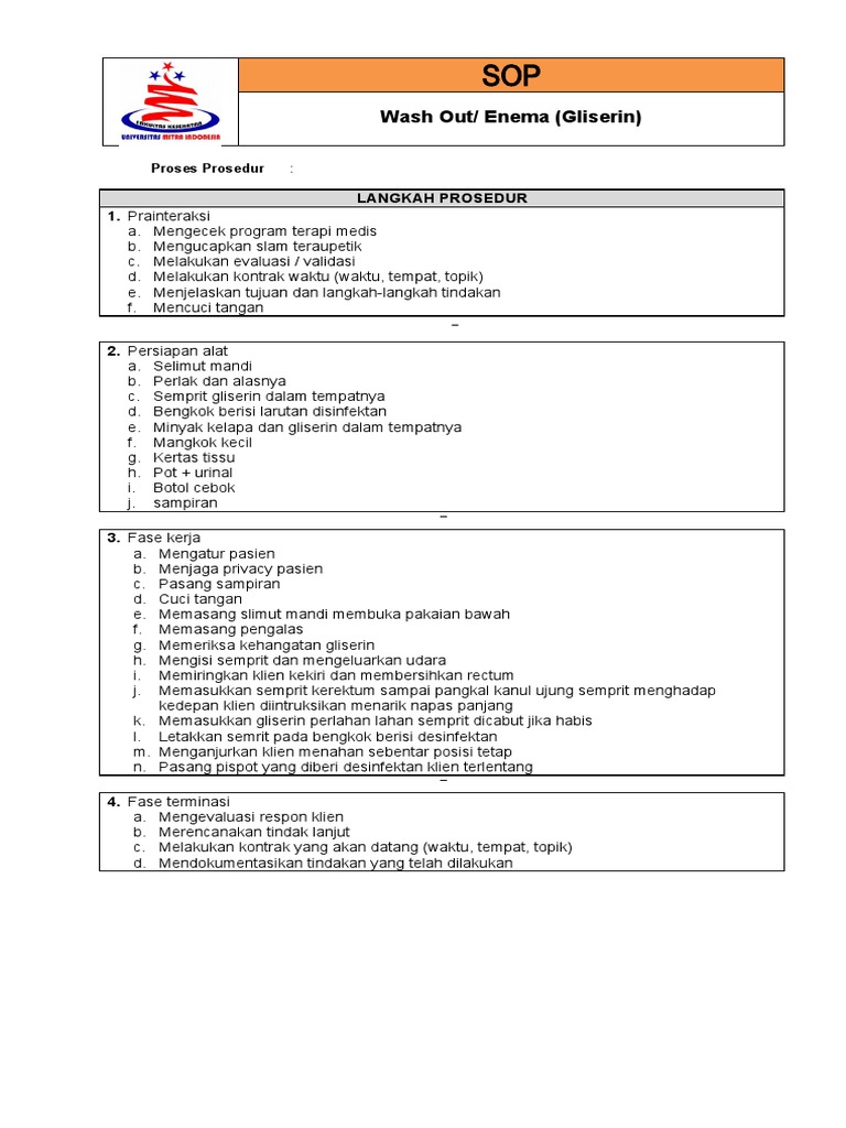 SOP Wash Out Enema Gliserin | PDF | Kesehatan Holistik