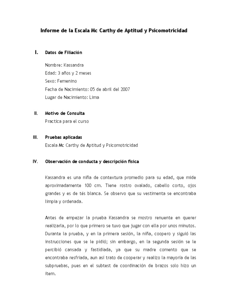 Informe de La Escala MC Carthy de Aptitud y Psicomotricidad | PDF | Percepción | Conceptos ...