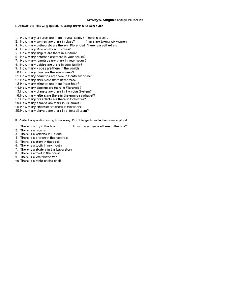 Activity 5 Singular and Plural Nouns | PDF