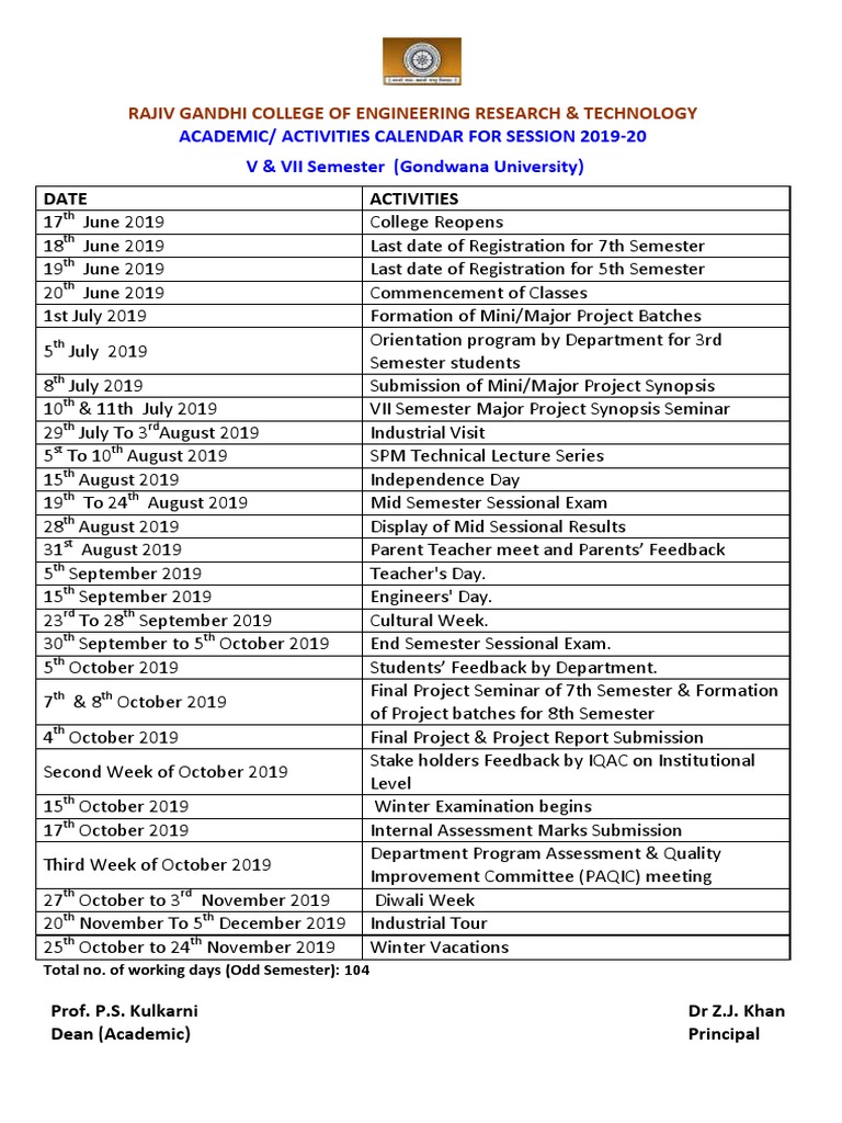 Academic/ Activities Calendar For Session 2019-20 V & VII Semester ...
