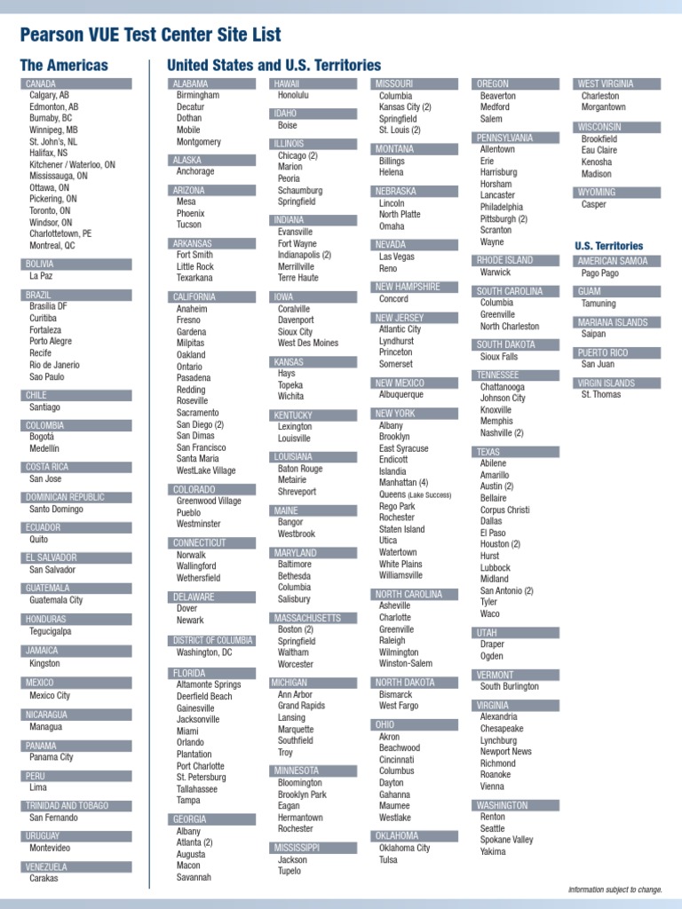 Pearson VUE Test Center Site List: The Americas United States and U.S ...