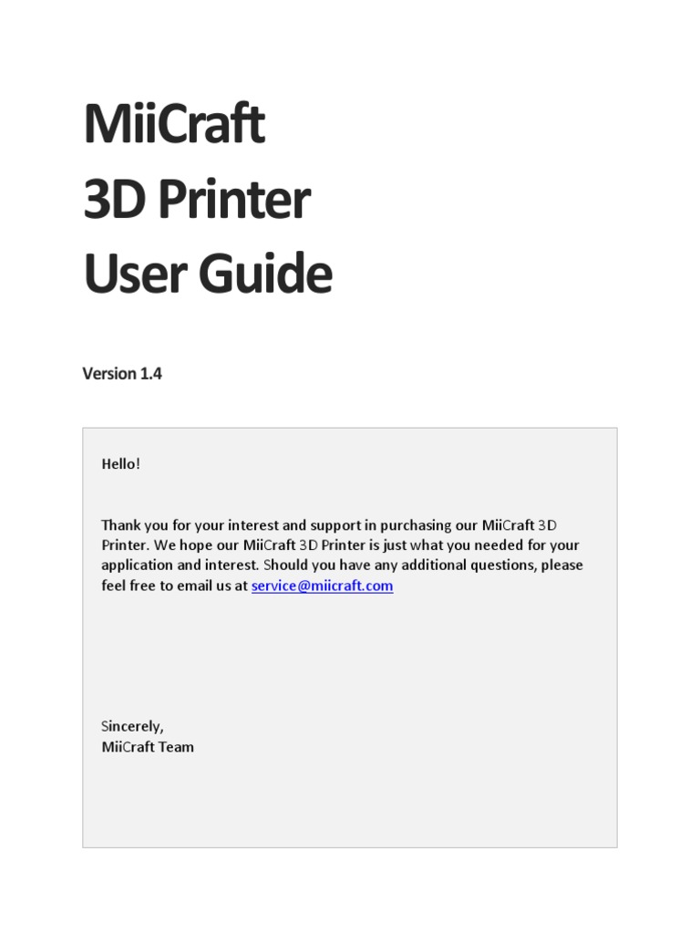 MiiCraft 3D-Printer UserGuide | PDF | Installation (Computer Programs) | 3 D Printing