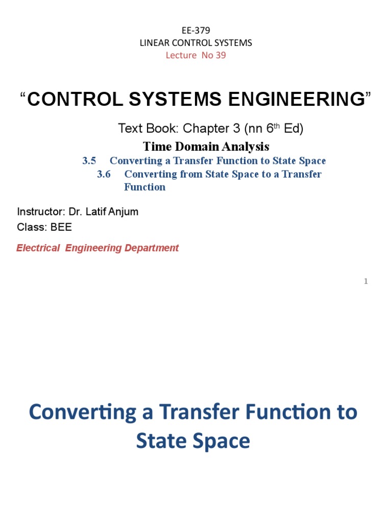 Lecture 08 TF To SS and SS To TF Conversion | PDF | Derivative | Algebra