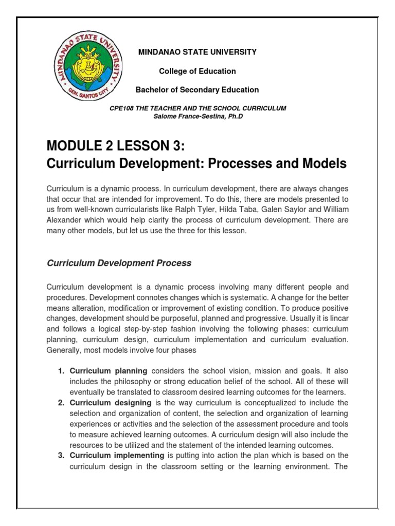 MODULE 2 LESSON 3 Curriculum Development Processes and Models | PDF | Curriculum | Evaluation