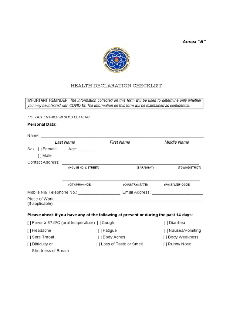 2020-68 Annex B - Health Declaration Form110320 | PDF | Diseases And ...