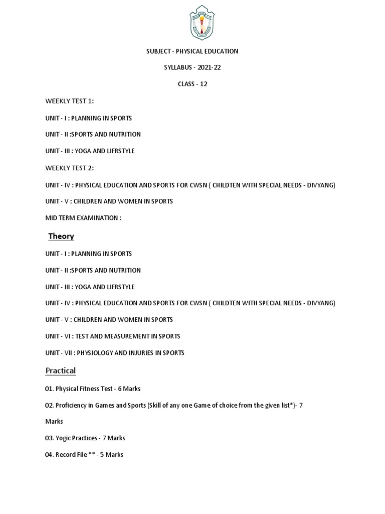 Class 12 Physical Education Syllabus | PDF | Wellness
