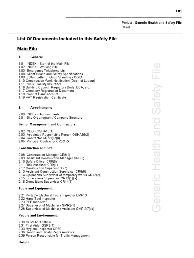 List of Documents Included in This Safety File Main File | PDF ...