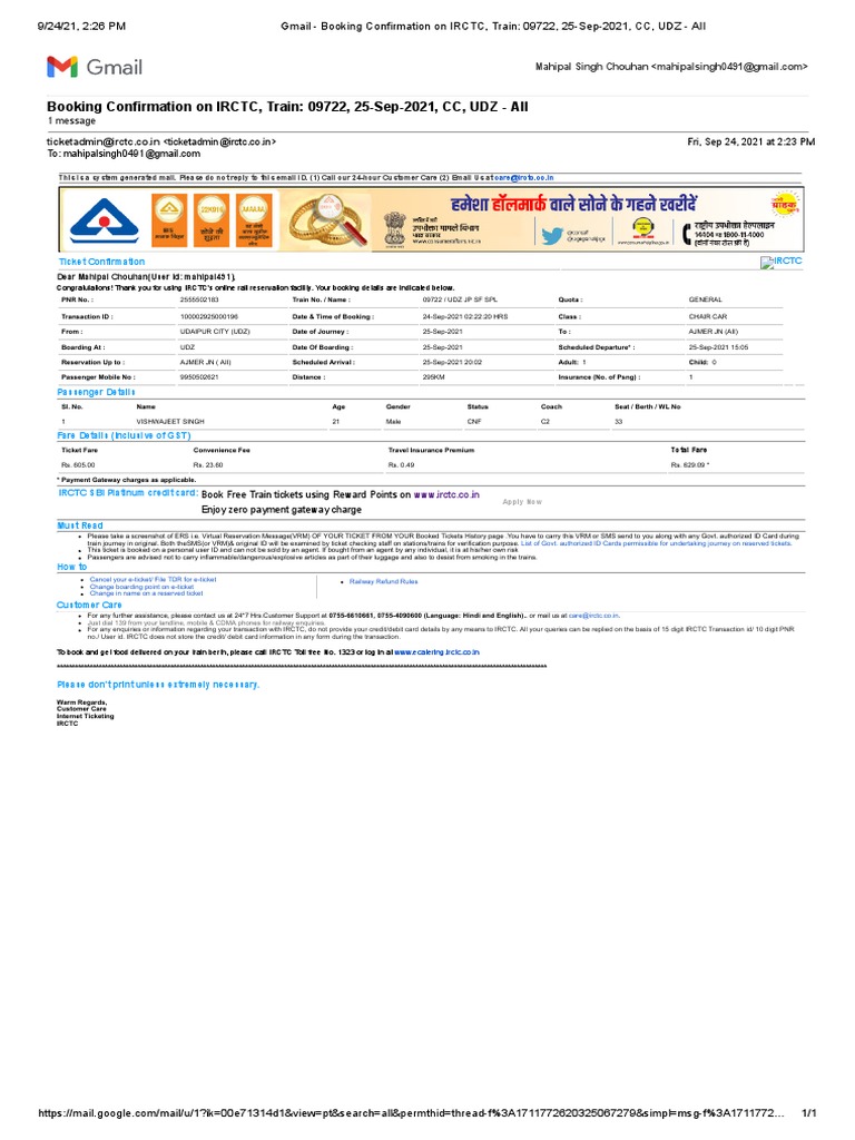 Gmail - Booking Confirmation On IRCTC, Train - 09722, 25-Sep-2021, CC, UDZ - AII | PDF | Credit ...