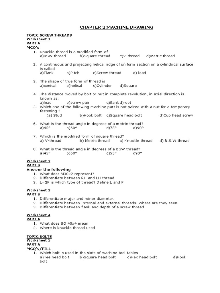 Machine Drawing: Screw Threads MCQs | PDF | Screw | Nut (Hardware)