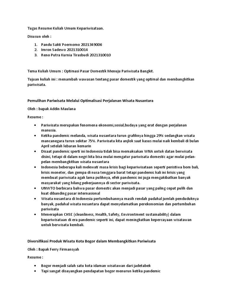 Tugas Resume Kuliah Umum Kepariwisataan | PDF