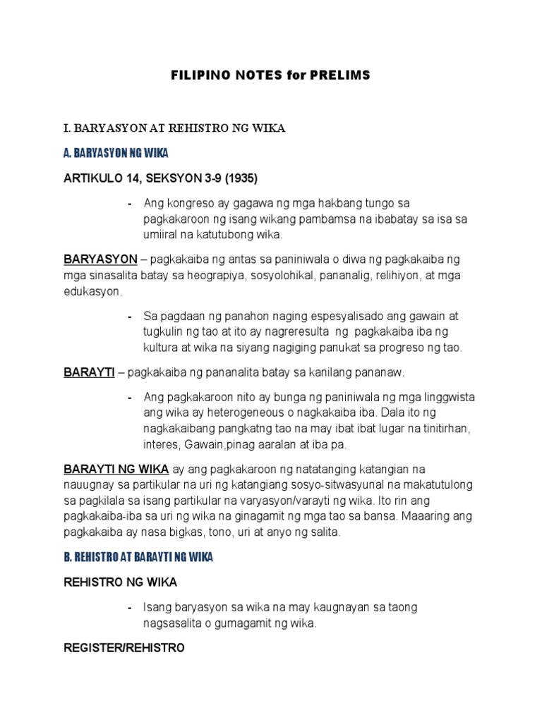 FILIPINO NOTES For PRELIMS | PDF
