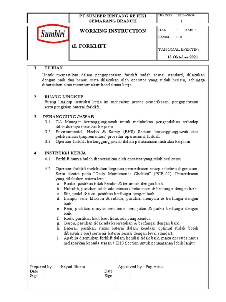Ehs Wi 54 r.0 Operasional Forklift | PDF | Teknologi & Rekayasa