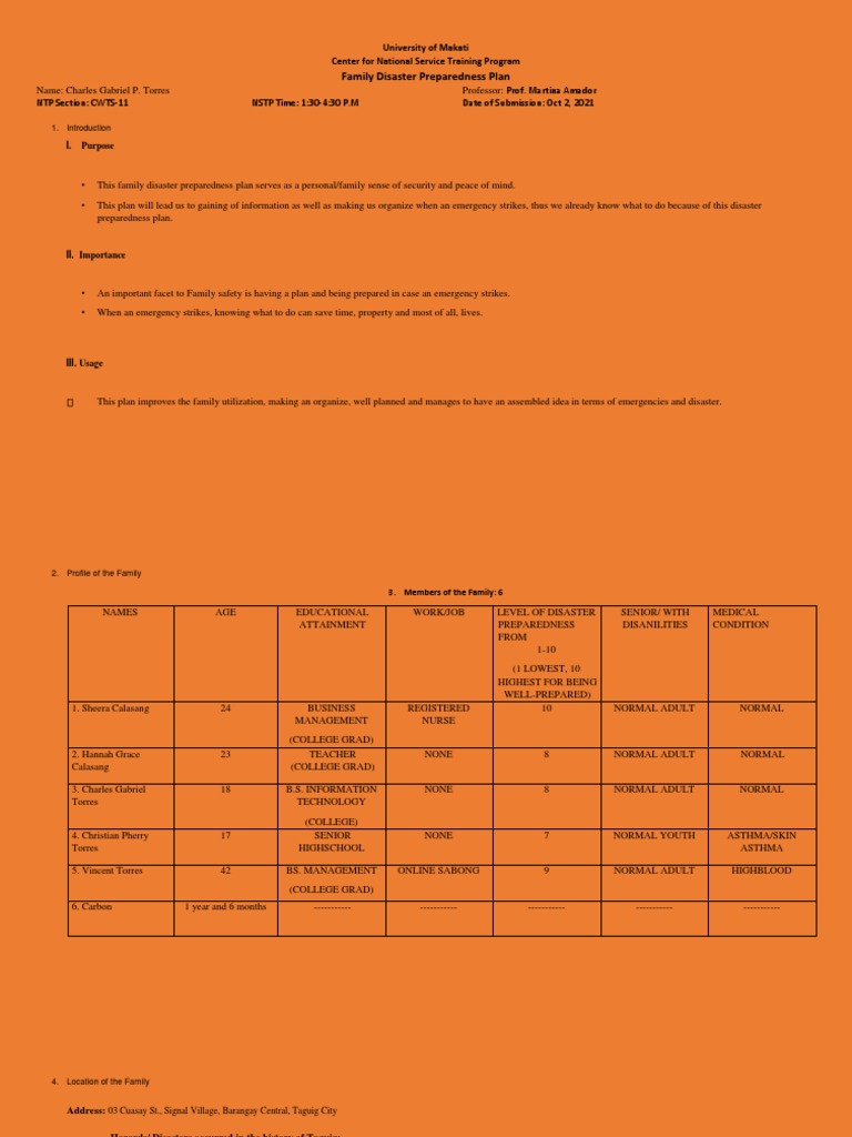 Family Disaster Preparedness Plan University Of Makati Center For