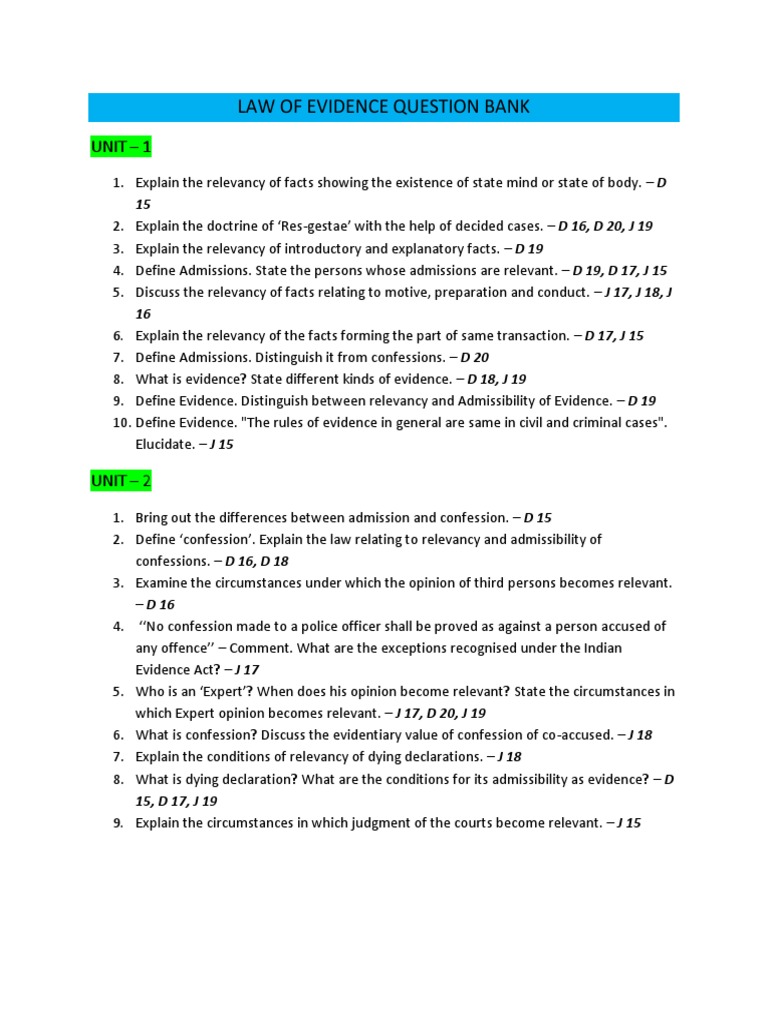 Law of Evidence Question Bank: Unit - 1 | Download Free PDF | Evidence ...
